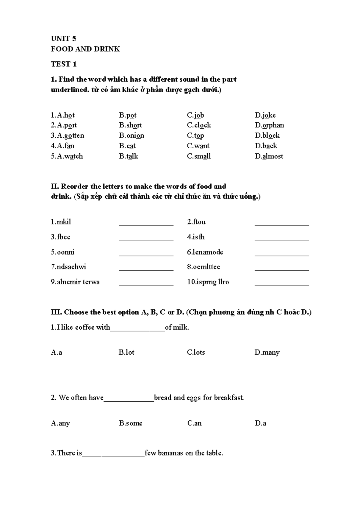 UNIT 5 - FOOD AND DRINK TEST 1: Listening & Vocabulary Exercises - Studocu