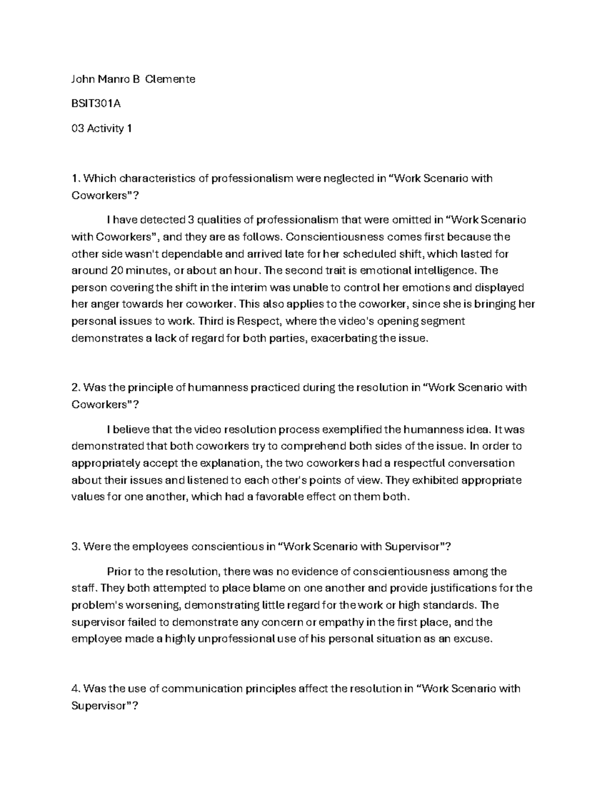 BSIT301A: Activity 1 - Analyzing Professionalism in Work Scenarios ...