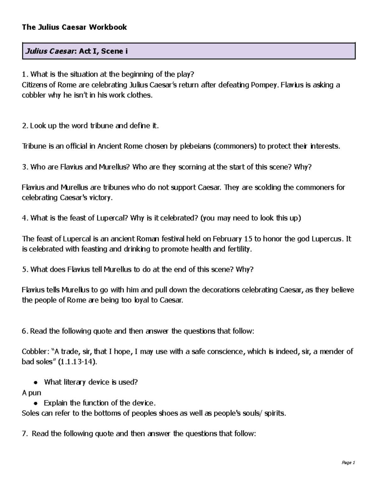Julius Caesar: Act I-Q&A and Analysis Notes for ENG 201 - Studocu