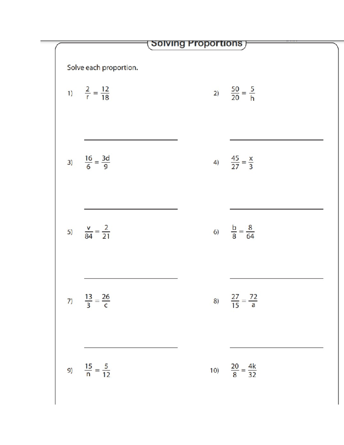 Worksheet - Solving Proportions - Solving Proportions Solve each ...