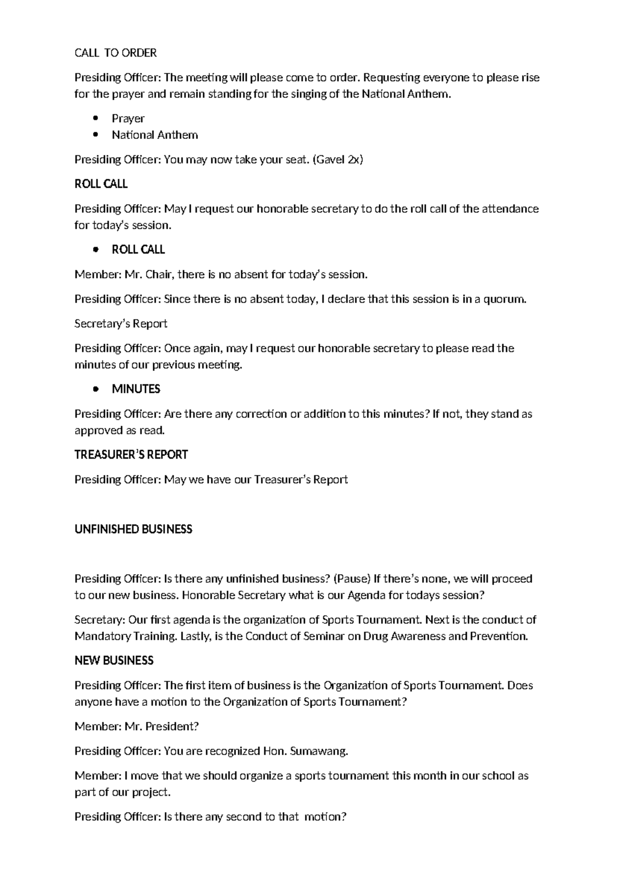 Parliamentary Procedure Script for Final Exam (Course Code: A123) - Studocu