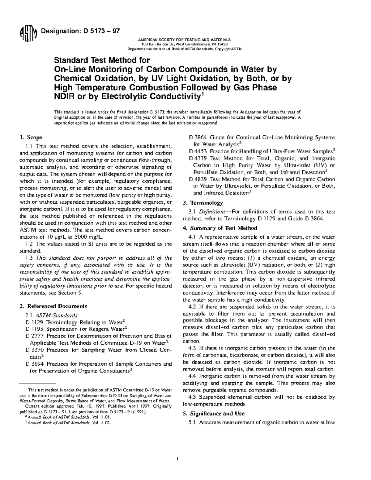 D5173 - Standard Test Method for On-Line Monitoring of Carbon in Water ...