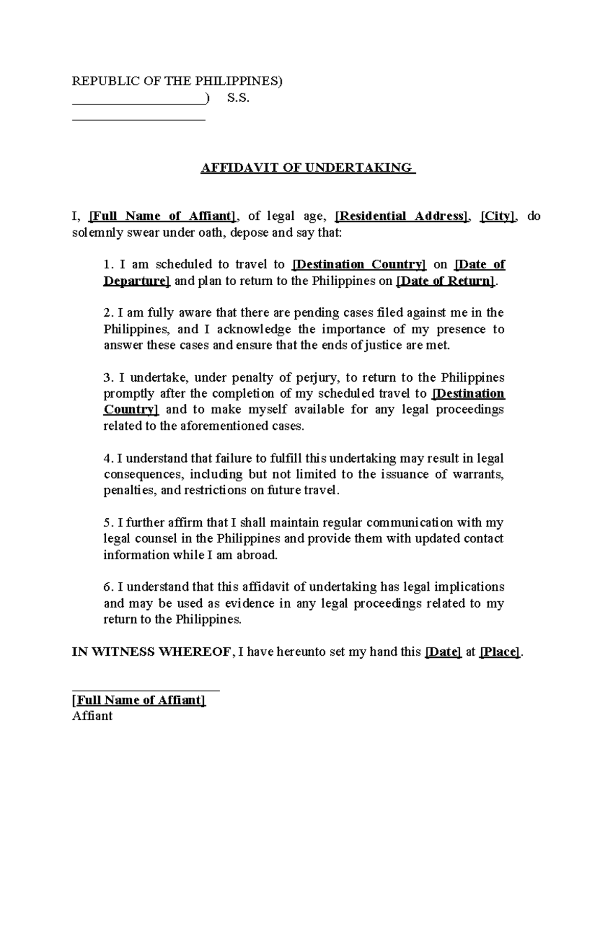 Affidavit of Undertaking Template for Legal Proceedings - Studocu