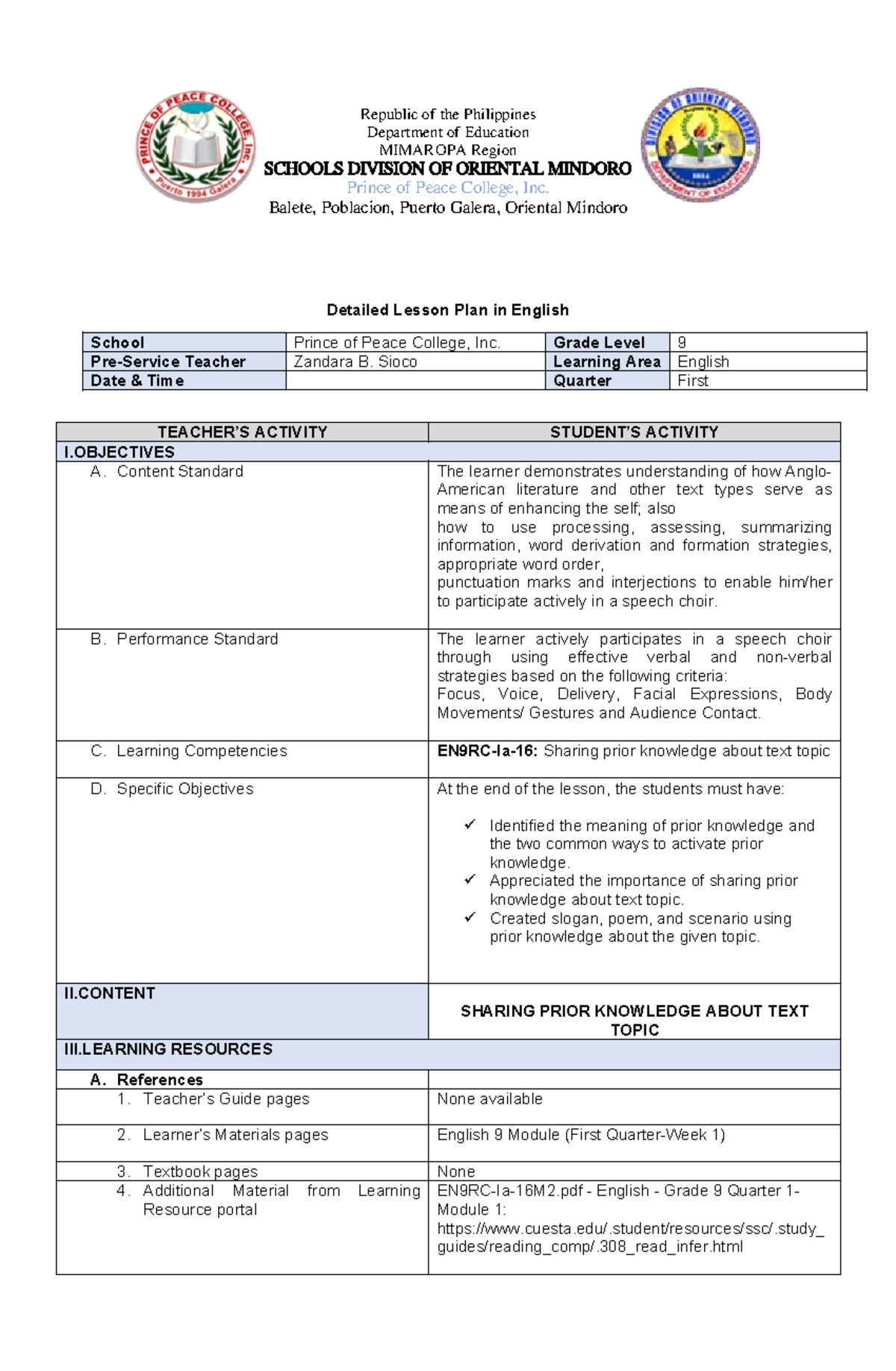 Detailed Lesson Plan in English 9: Sharing Prior Knowledge - Studocu