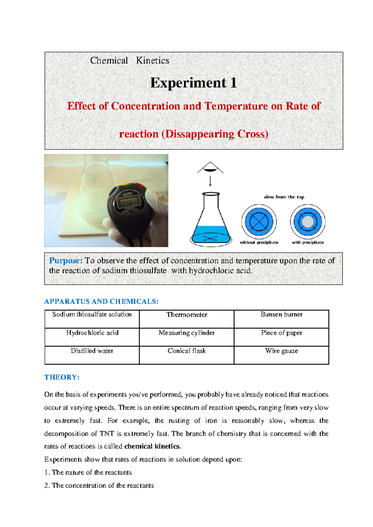 Chemical Kinetics Experiment 1: Concentration & Temperature Effects ...