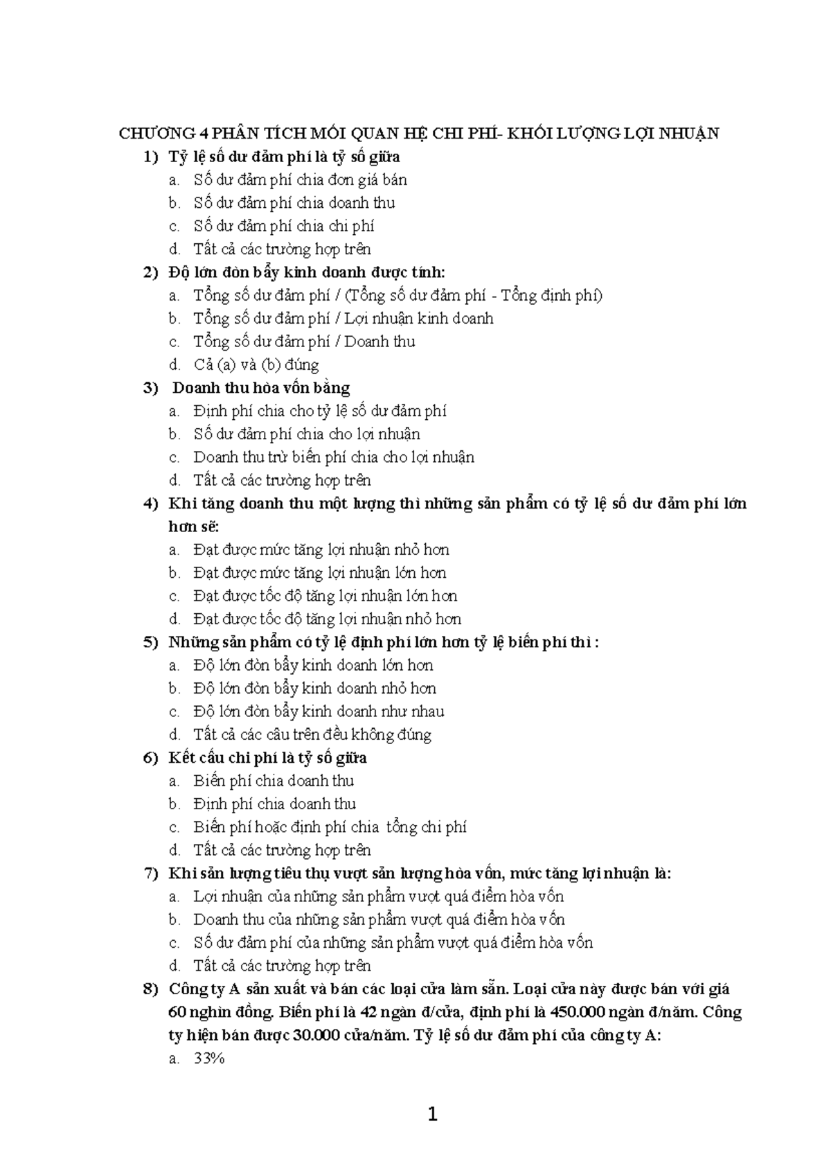 CHƯƠNG 4: PHÂN TÍCH MỐI QUAN HỆ CHI KHỐI LƯỢNG LỢI NHUẬN C-V-P - Studocu