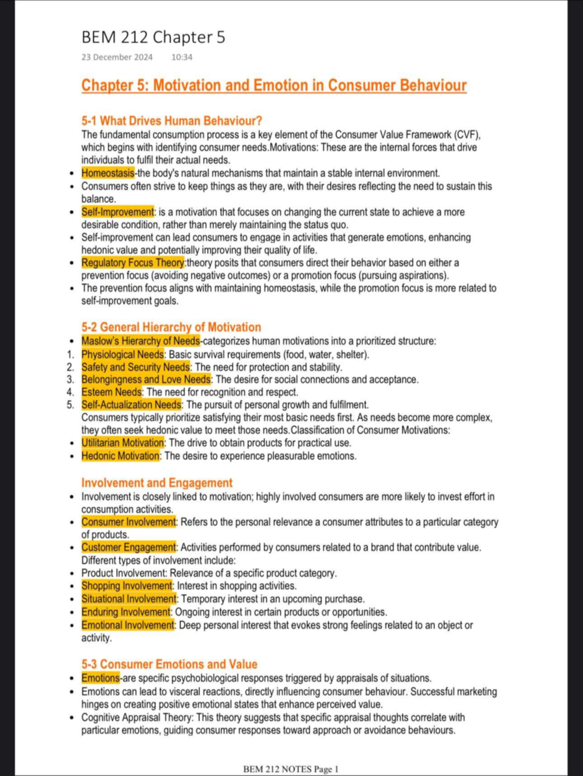 BEM preview - BEM 212 Chapter 5 23 December 2024 10:34 Chapter 5: Motivation and Emotion in ...