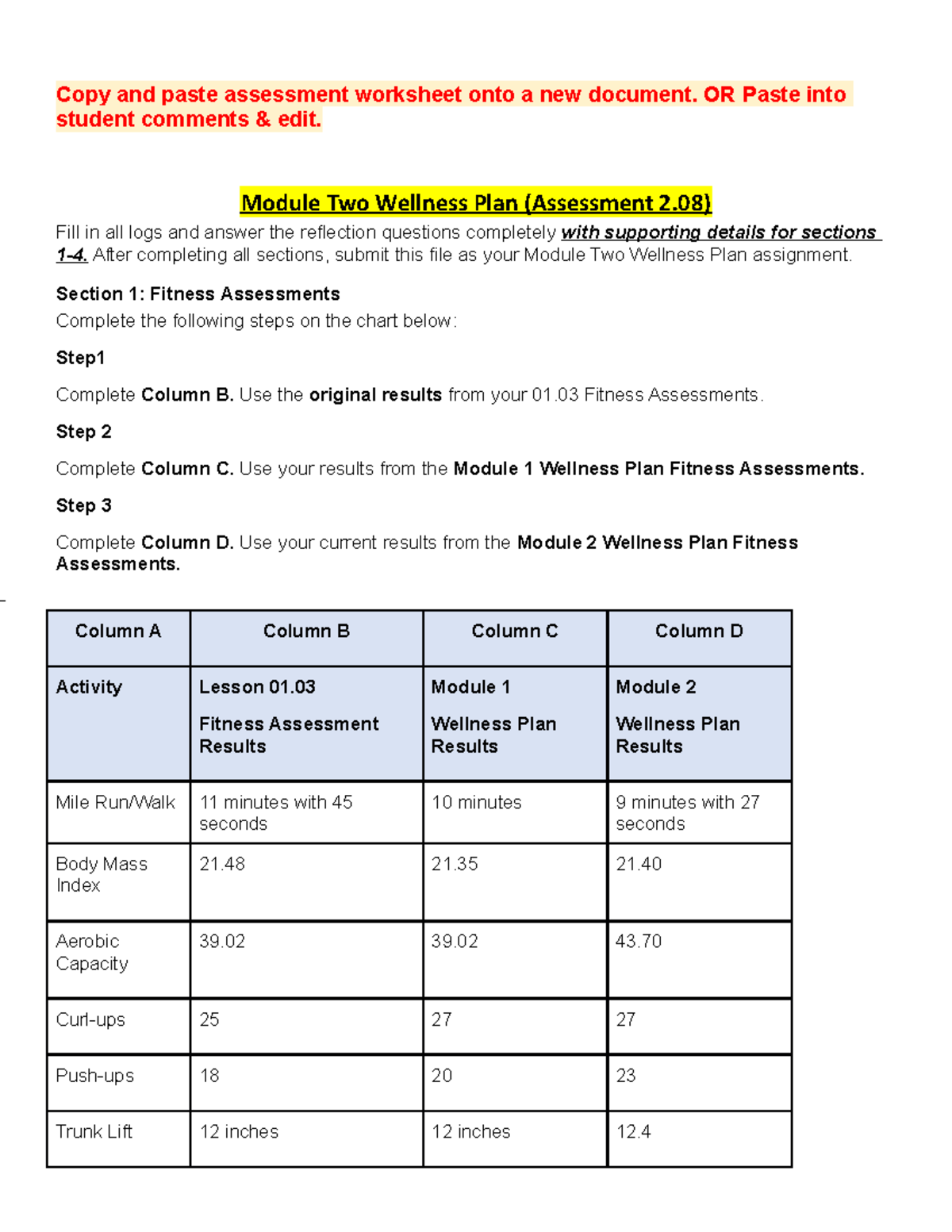 2.08 (Module 2) - Wellness Plan - Coursework - Answers - Copy and paste ...