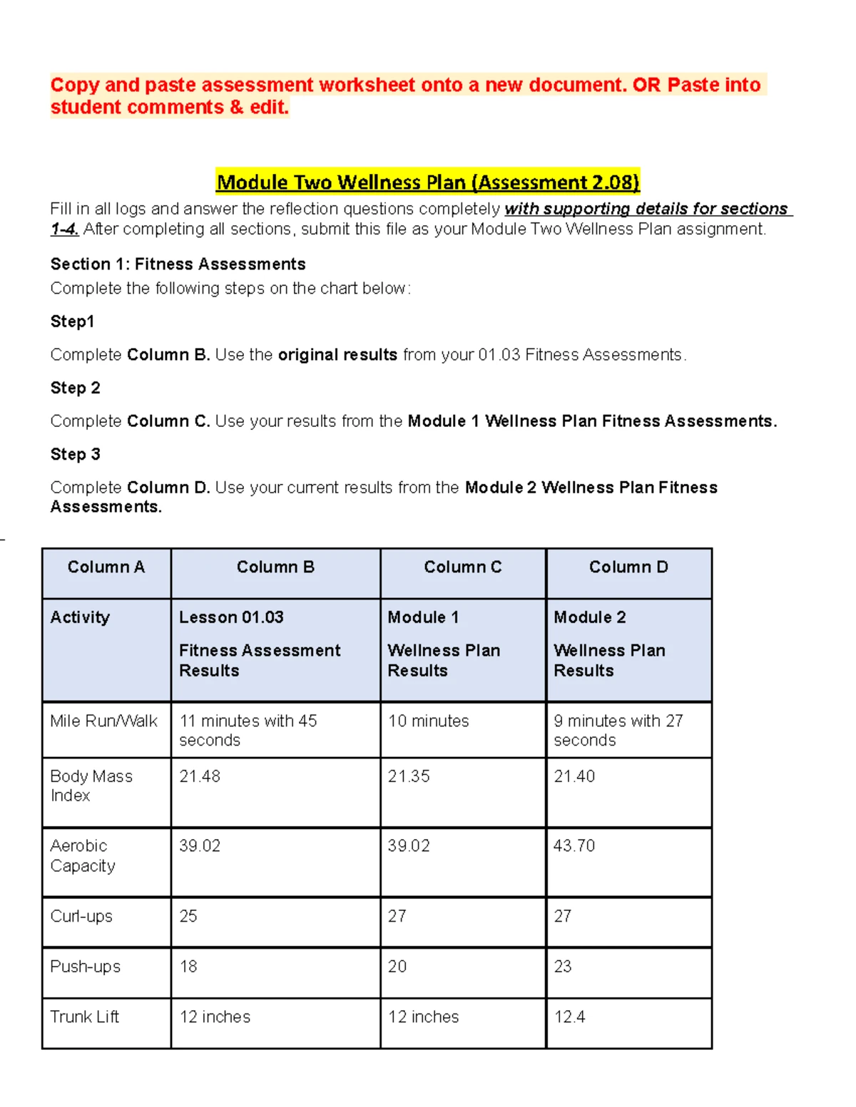 2.08 (Module 2) - Wellness Plan - Coursework - Answers - Copy and paste ...