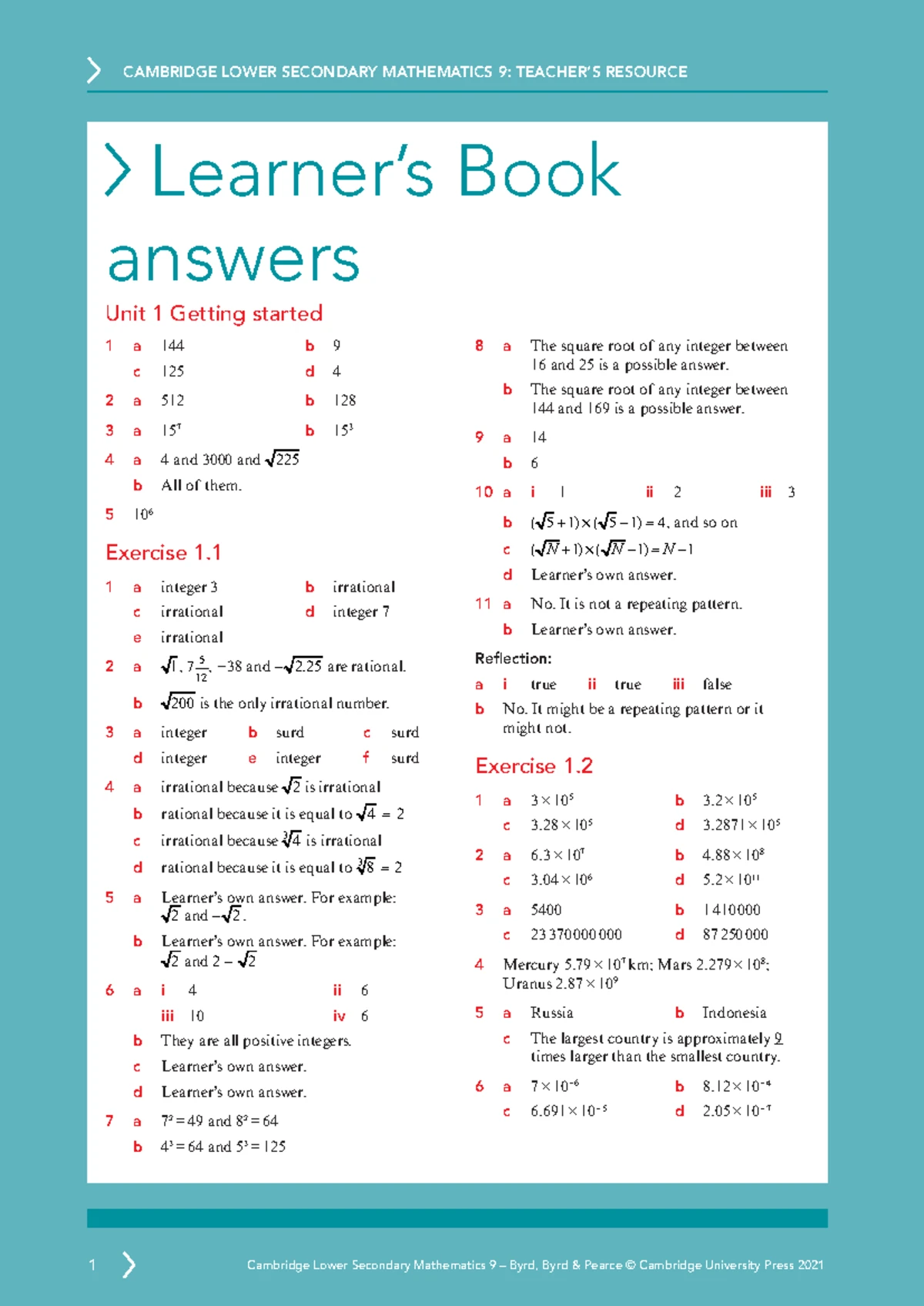 Mathematics Year 8 Learner's Book - Answer Key for Units 1-4 - Studocu
