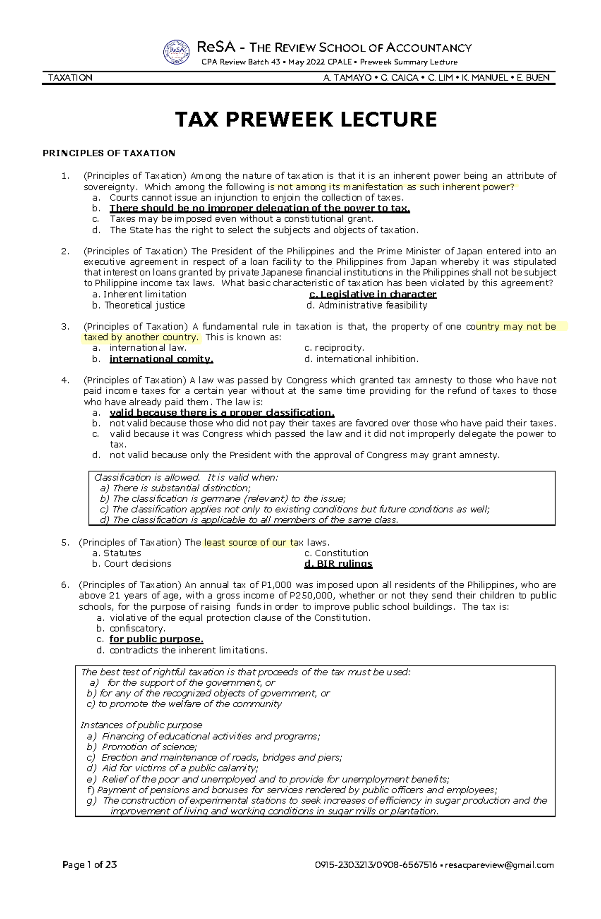 Final Exam Summary Lecture: Principles of Taxation (ReSA-CPA 2022 ...