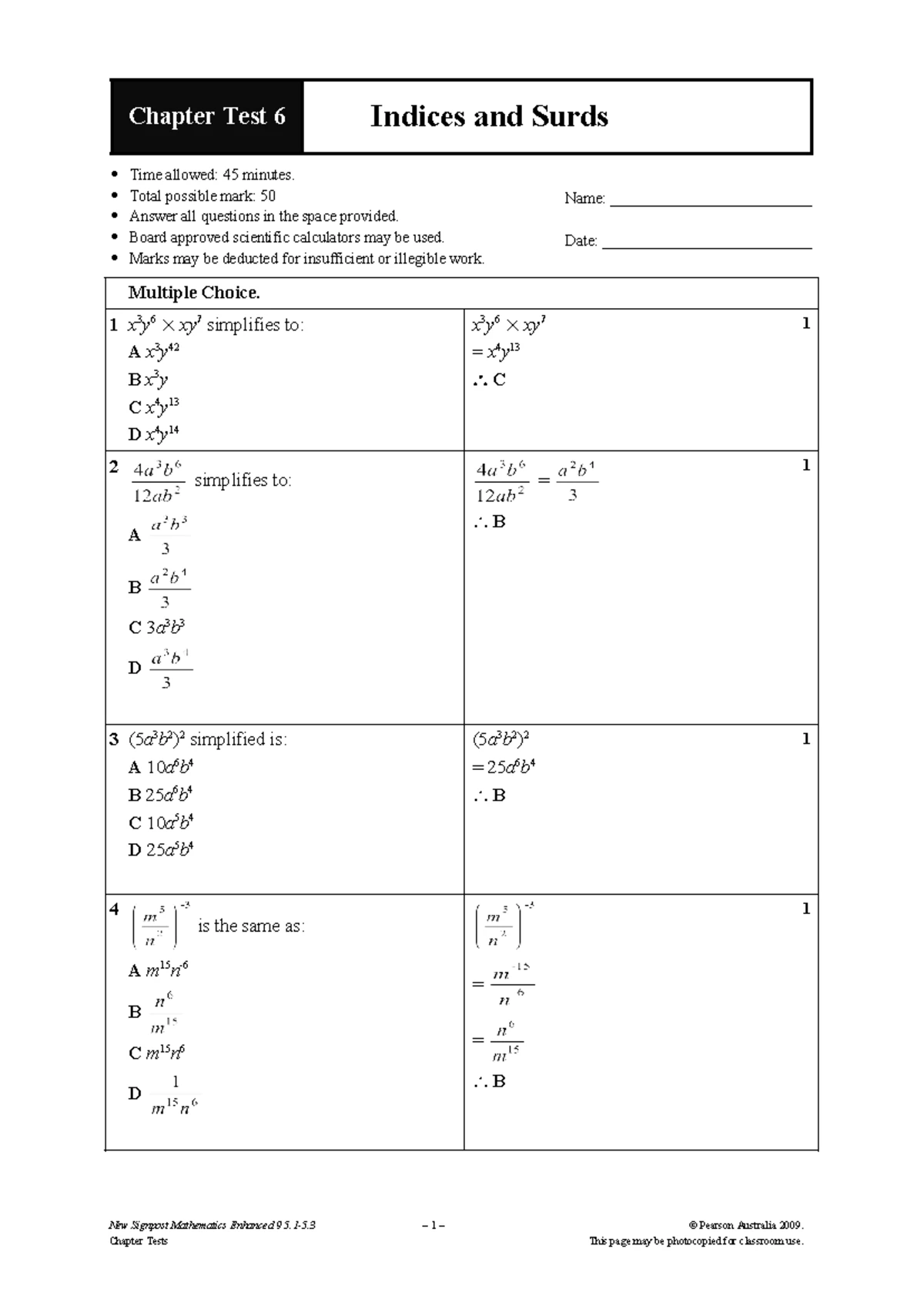 2021 Year 10 Task 1 Indices Measurement And Surds Practice Exam Sydney Girls High School