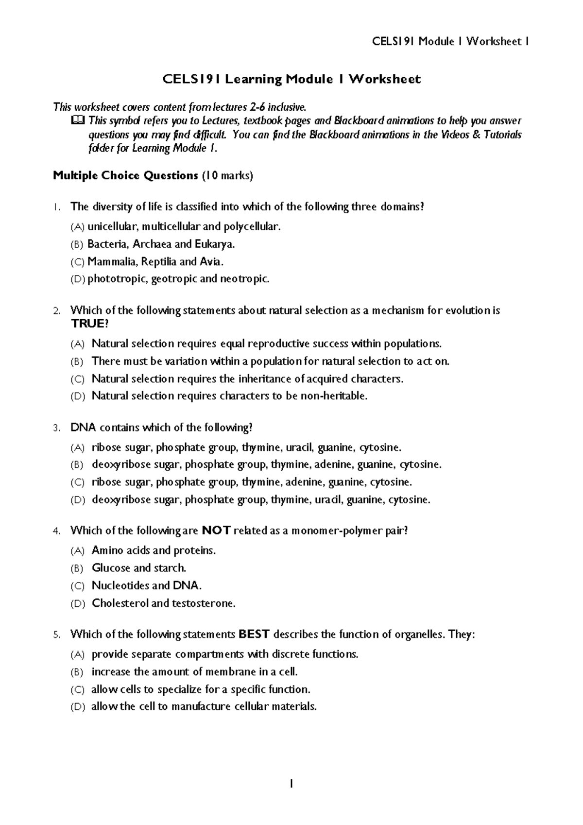 Model1WorkSheet1 Question 2020 - CELS191 Learning Module 1 Worksheet This worksheet covers ...