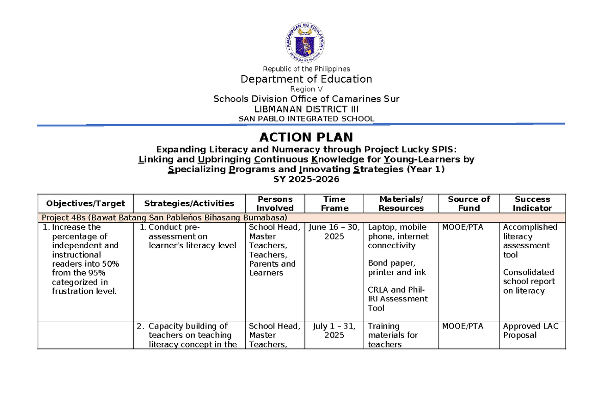 Action Plan for Expanding Literacy and Numeracy: Project Lucky SPIS (SY ...