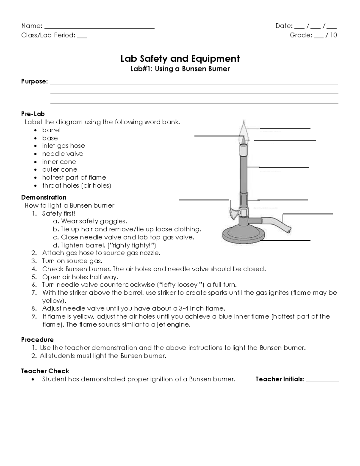 Lab Safety and Equipment: Bunsen Burner Instructions (LAB#1) - Studocu