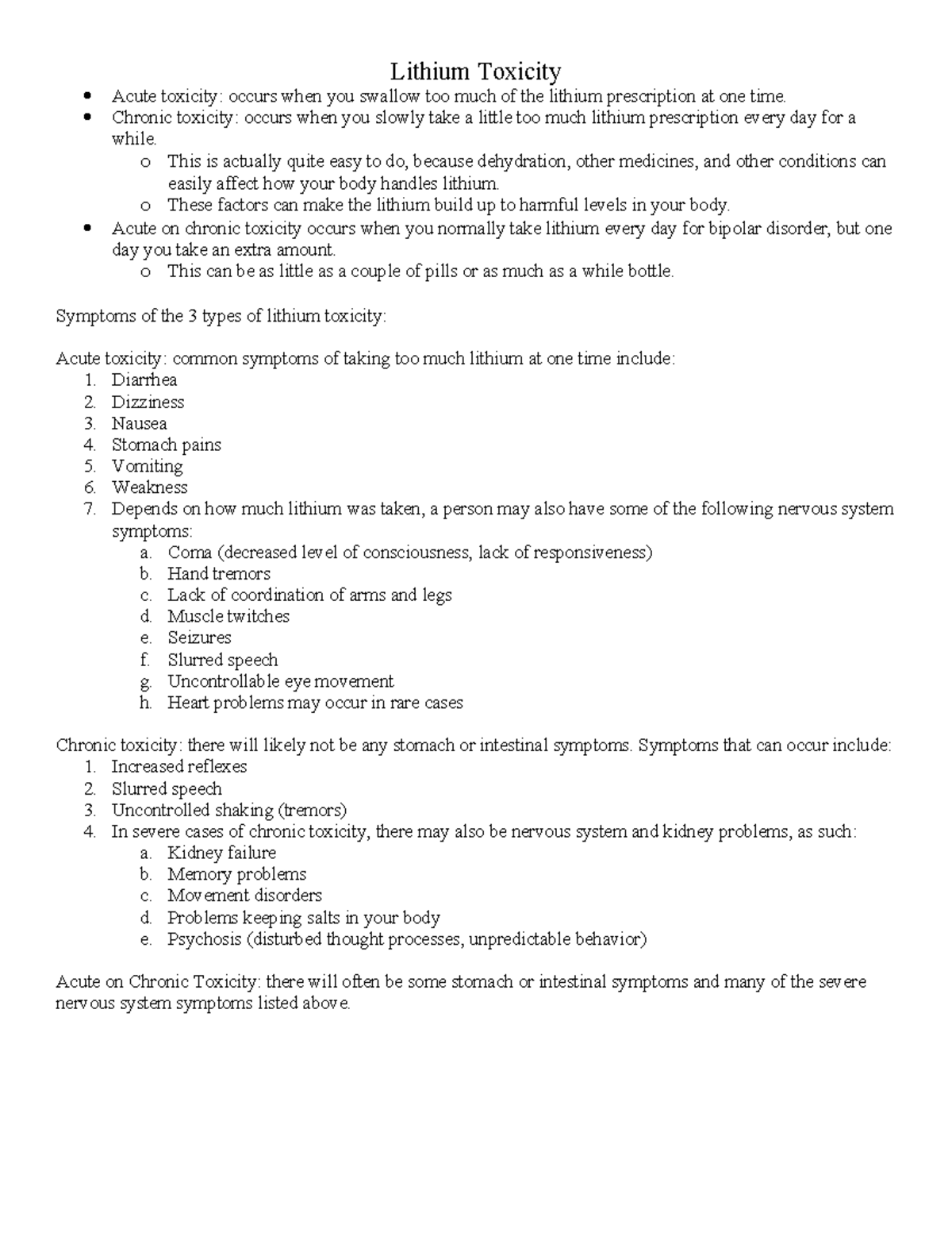 Lithium Toxicity copy - Lithium Toxicity Acute toxicity: occurs when ...