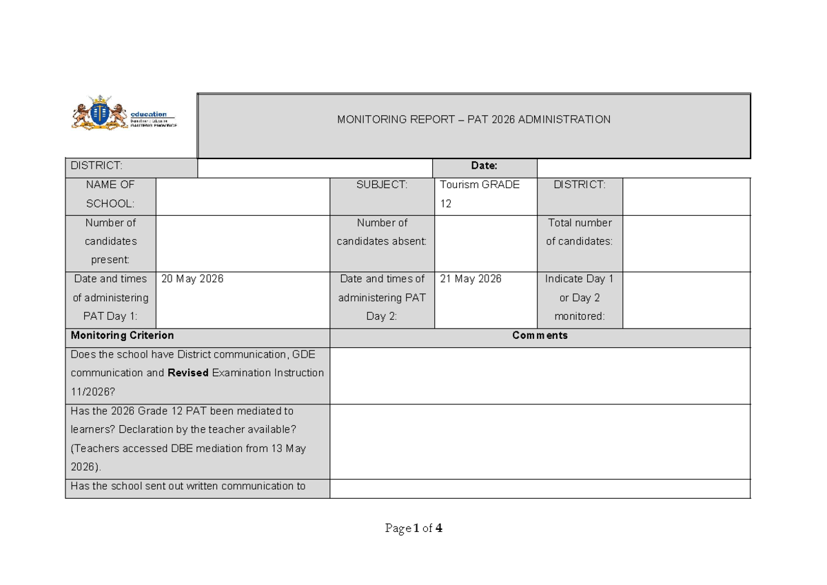 Monitoring Report: PAT Administration 2026 - Grade 12 Evaluation - Studocu