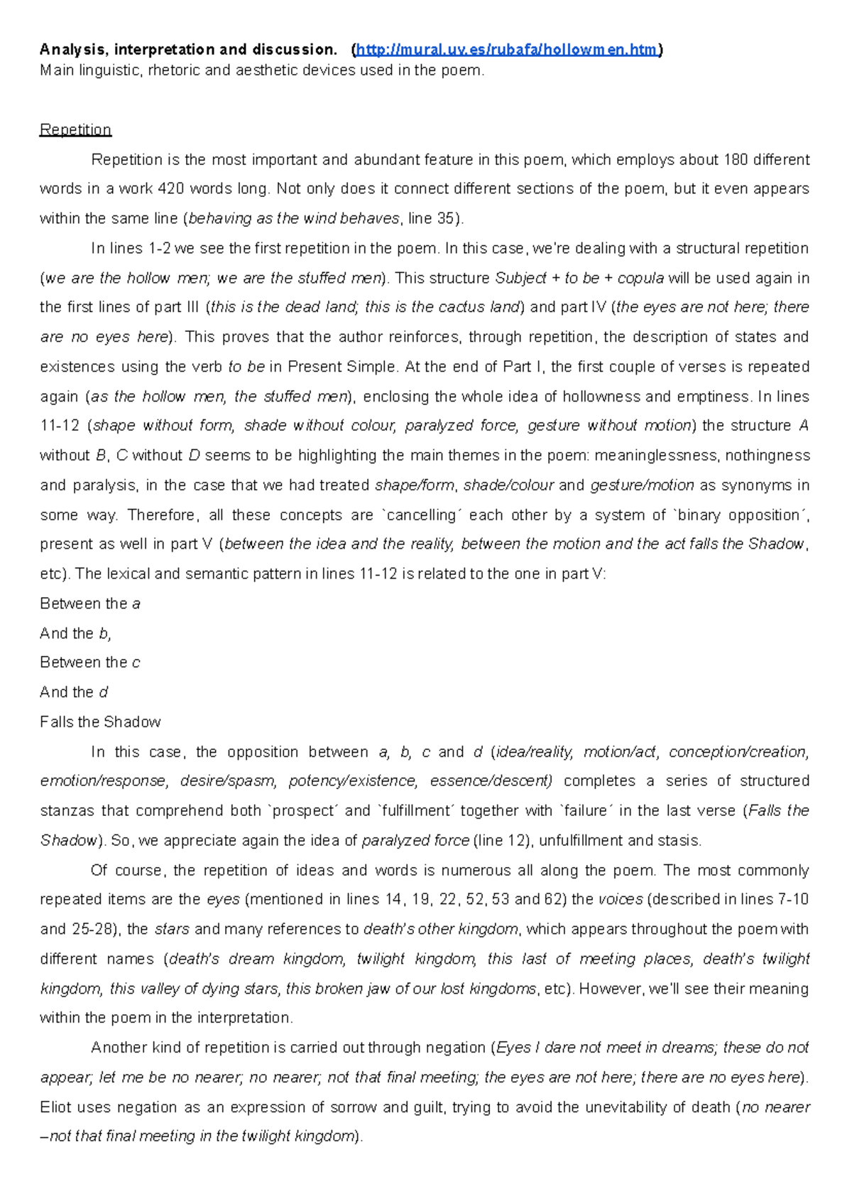 Analysis and Interpretation of T.S. Eliot's "The Hollow Men" (ENG 101 ...