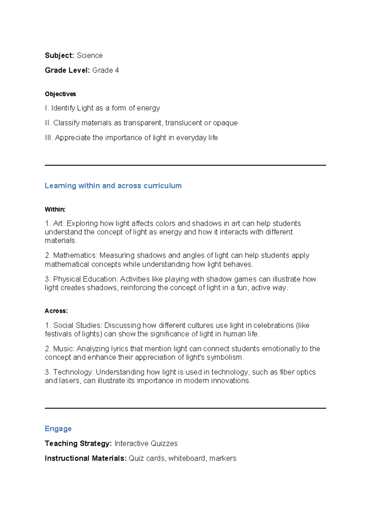 Grade 4 Science Lesson Plan: Understanding Light as Energy - Studocu