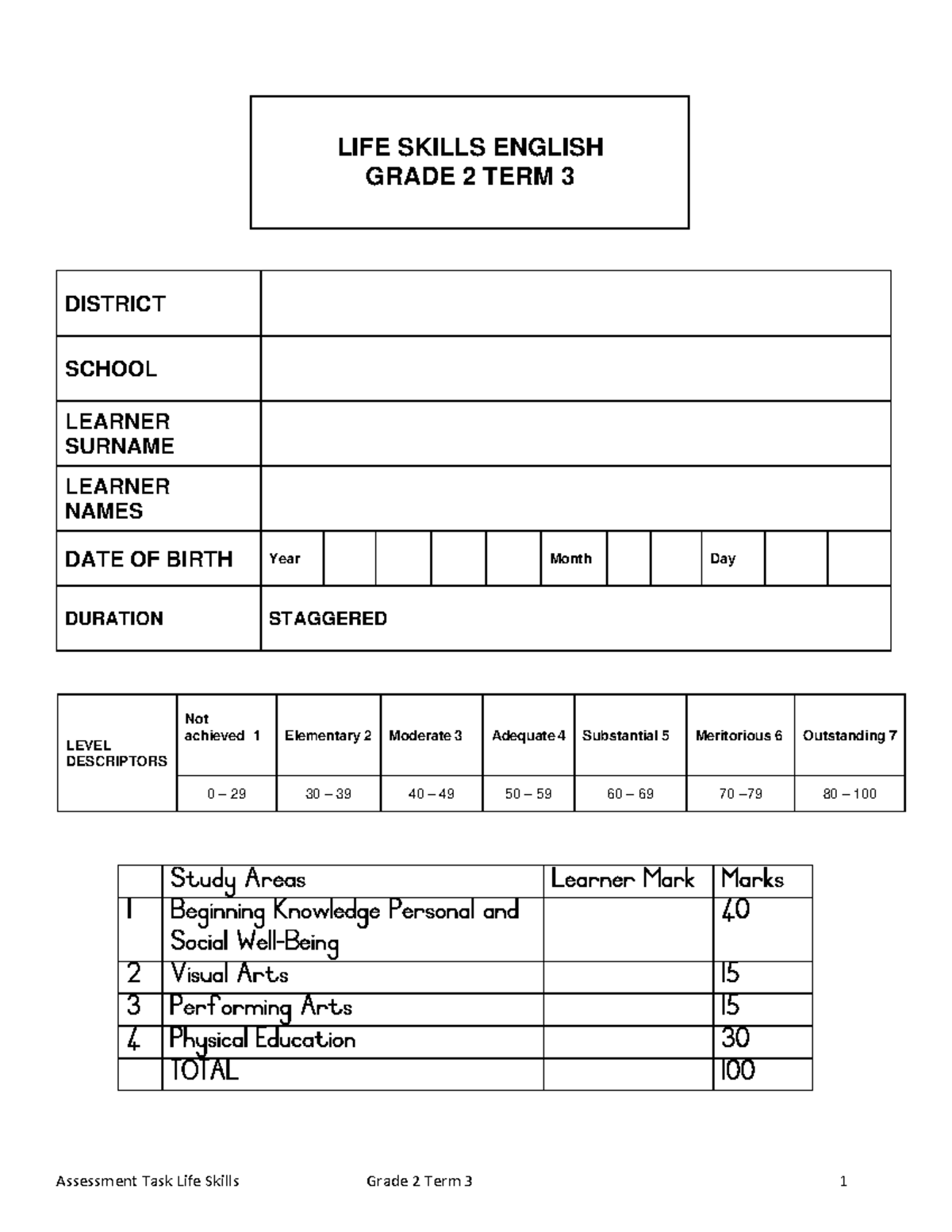 LIFE Skills English Grade 2 TERM 3 Assessment TASK 240801 162158 - Studocu