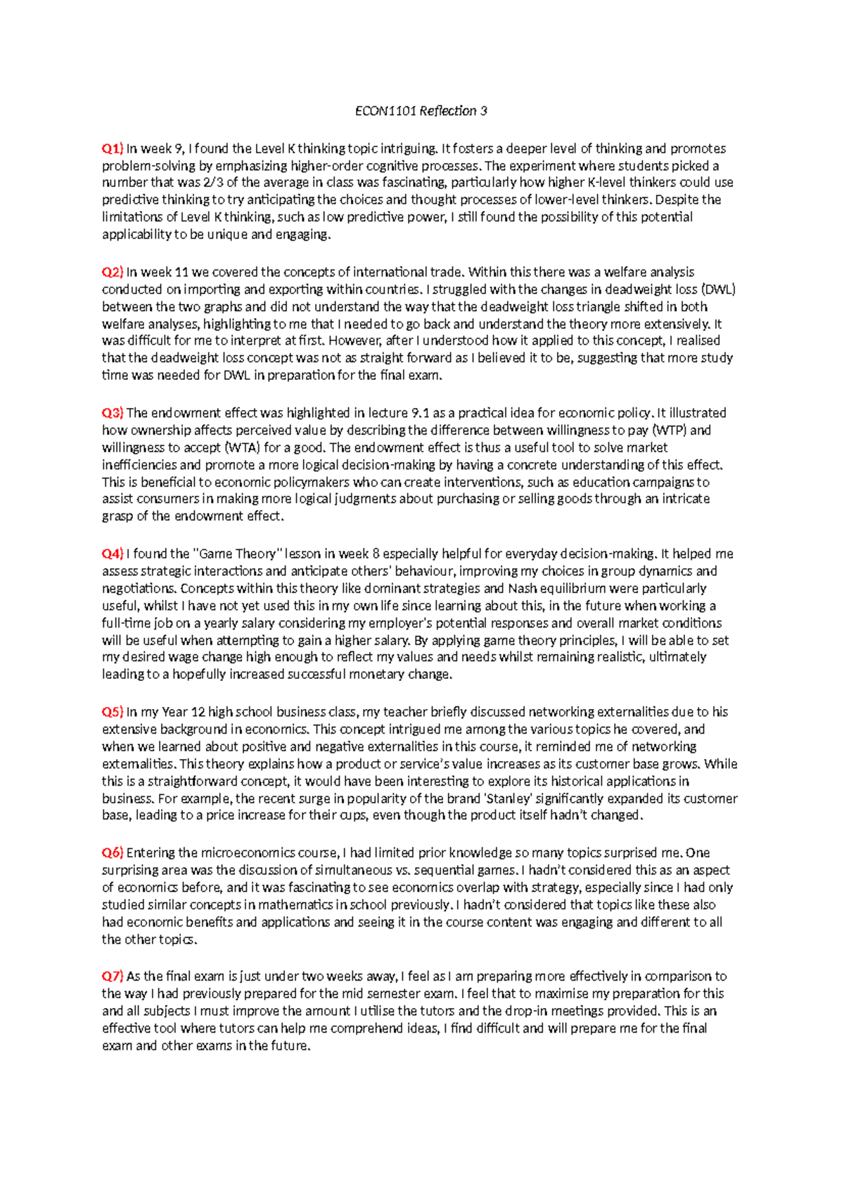 ECON1101 Reflection 3: Insights on Level K Thinking & Trade Concepts ...