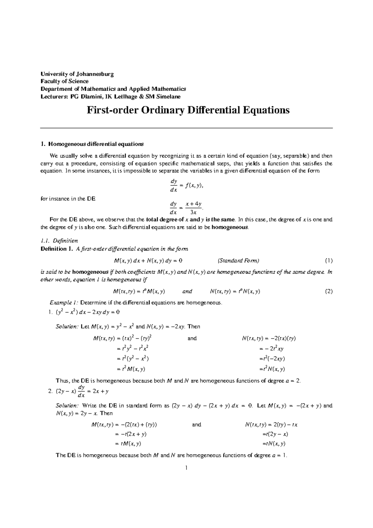 MATE2A2 Homogeneous and Exact Differential Equations Notes - Studocu