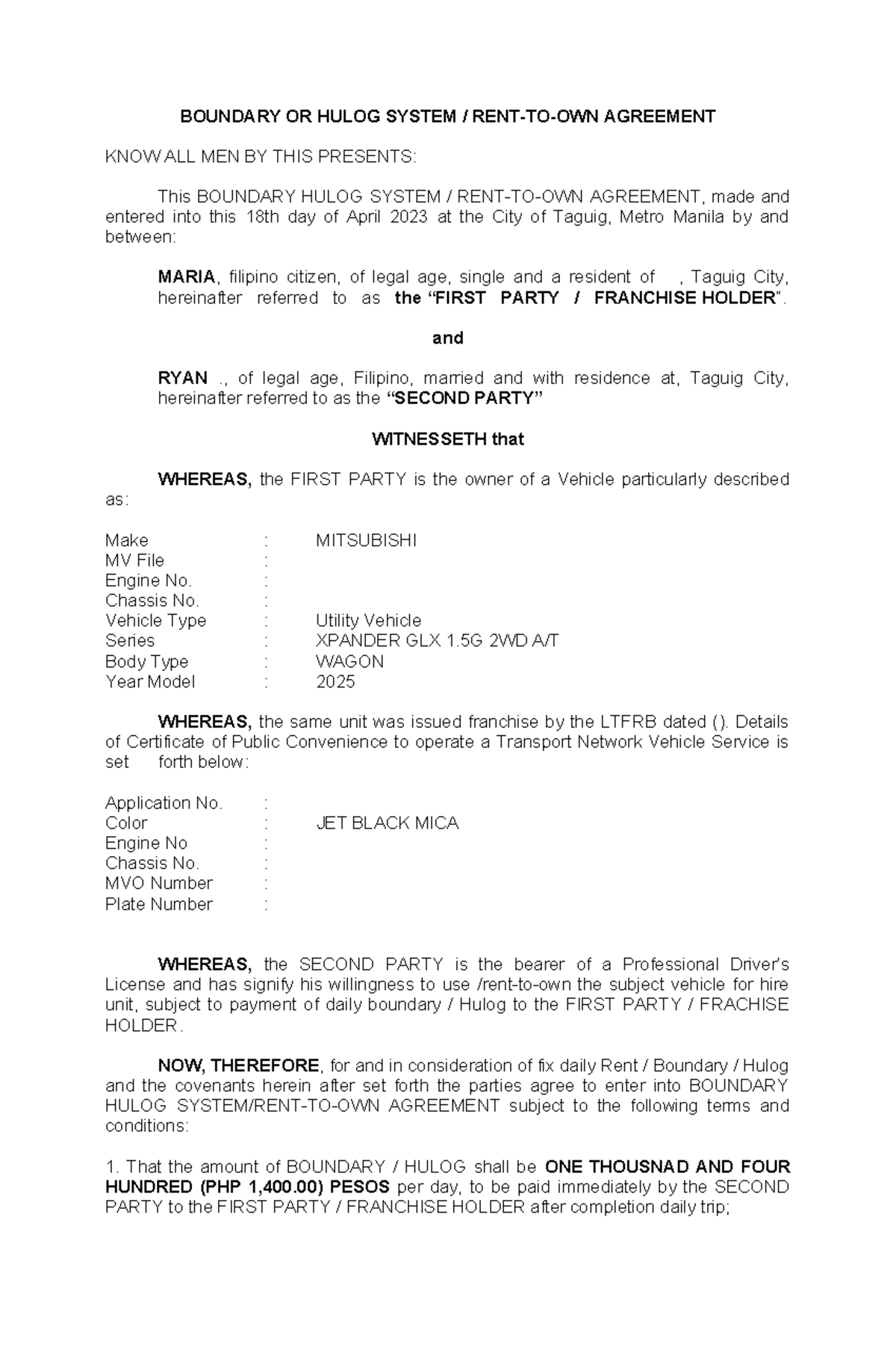 Boundary Hulog System Rent-to-Own Agreement - Taguig City 2023 - Studocu