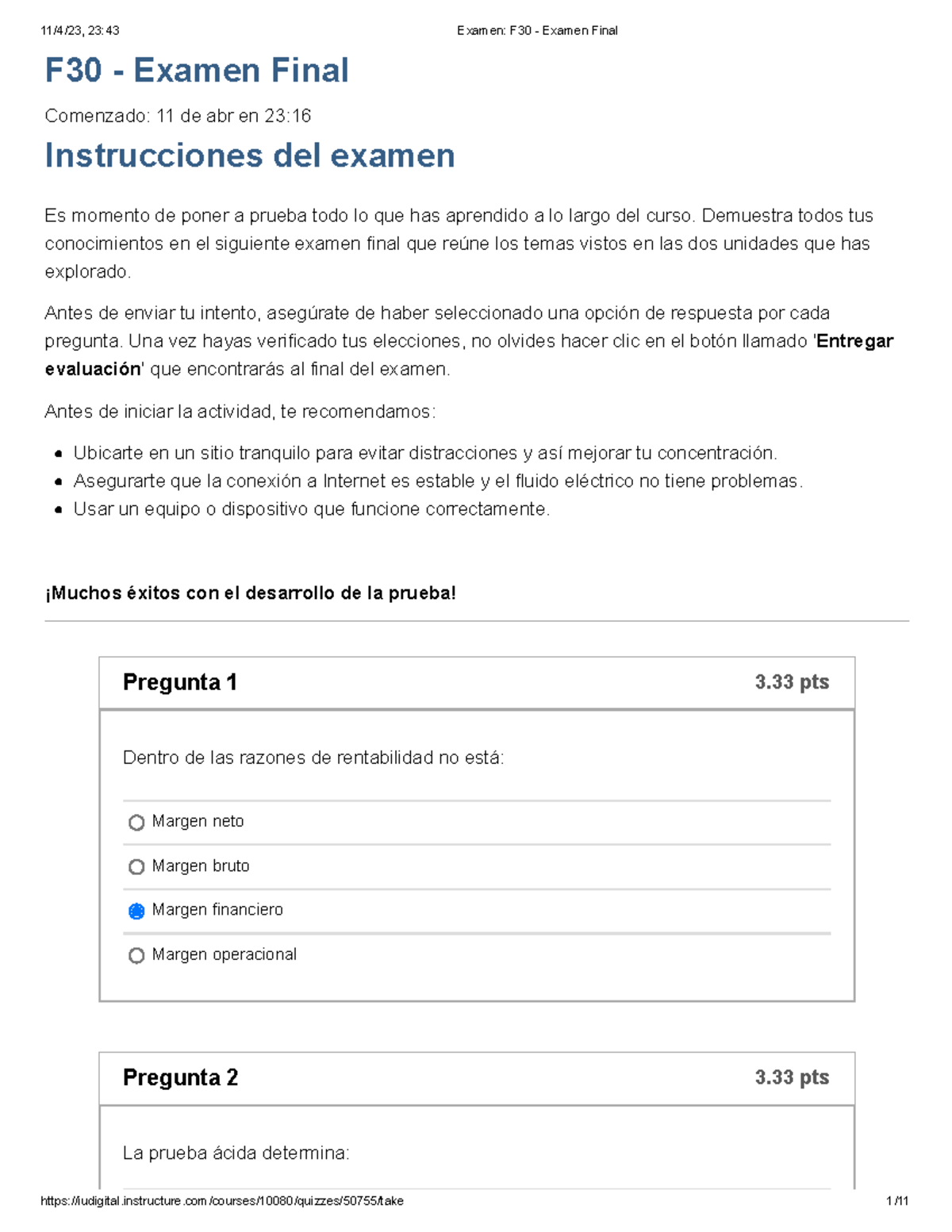 Examen F30 - Instrucciones y Preguntas del Examen Final - Studocu