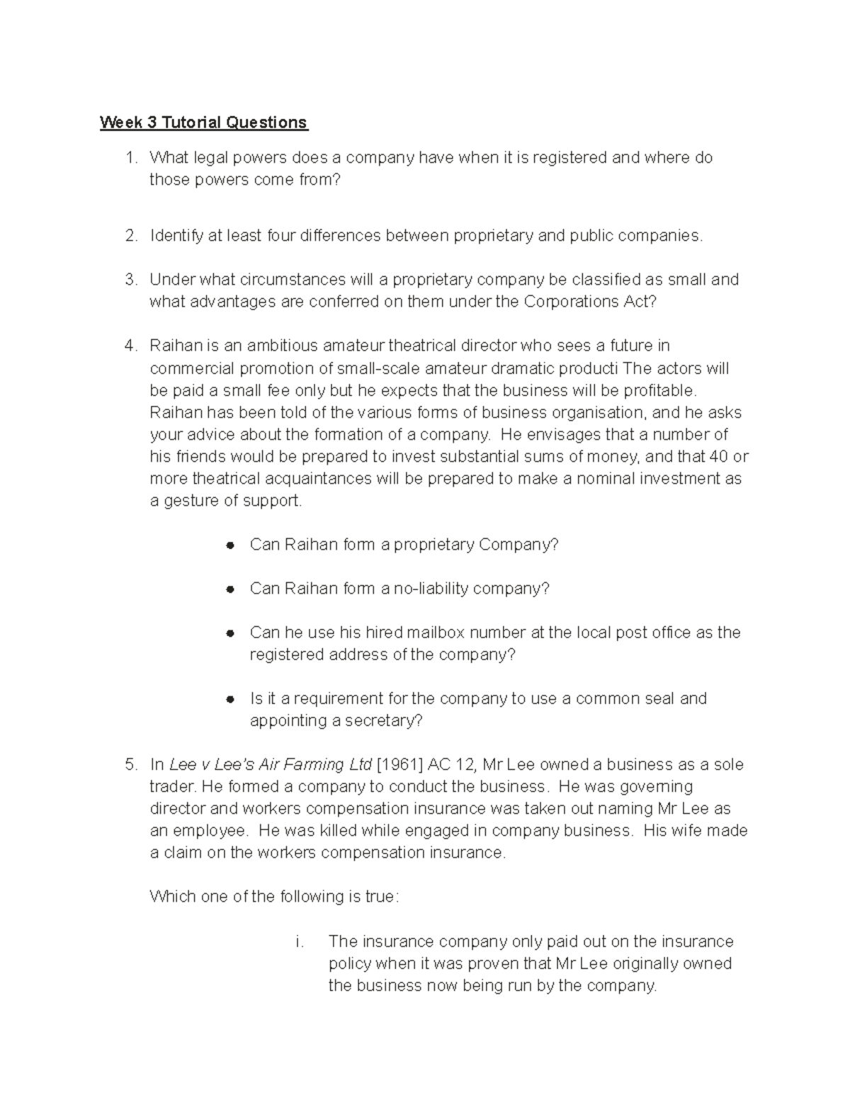 Week 3 Tutorial Questions: Legal Powers & Company Formation (LAWS200 ...