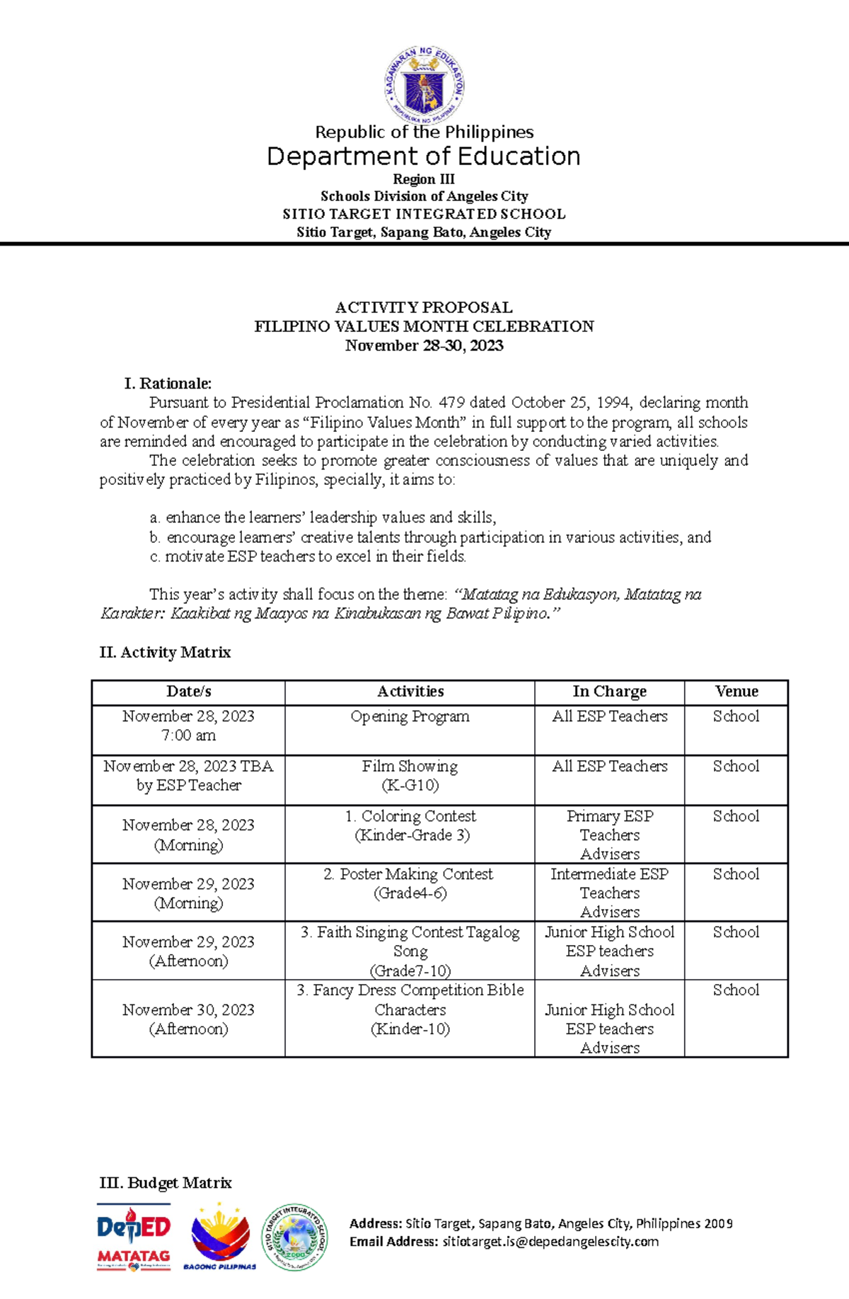 Activity Proposal for Filipino Values Month Celebration (FVM) - Studocu