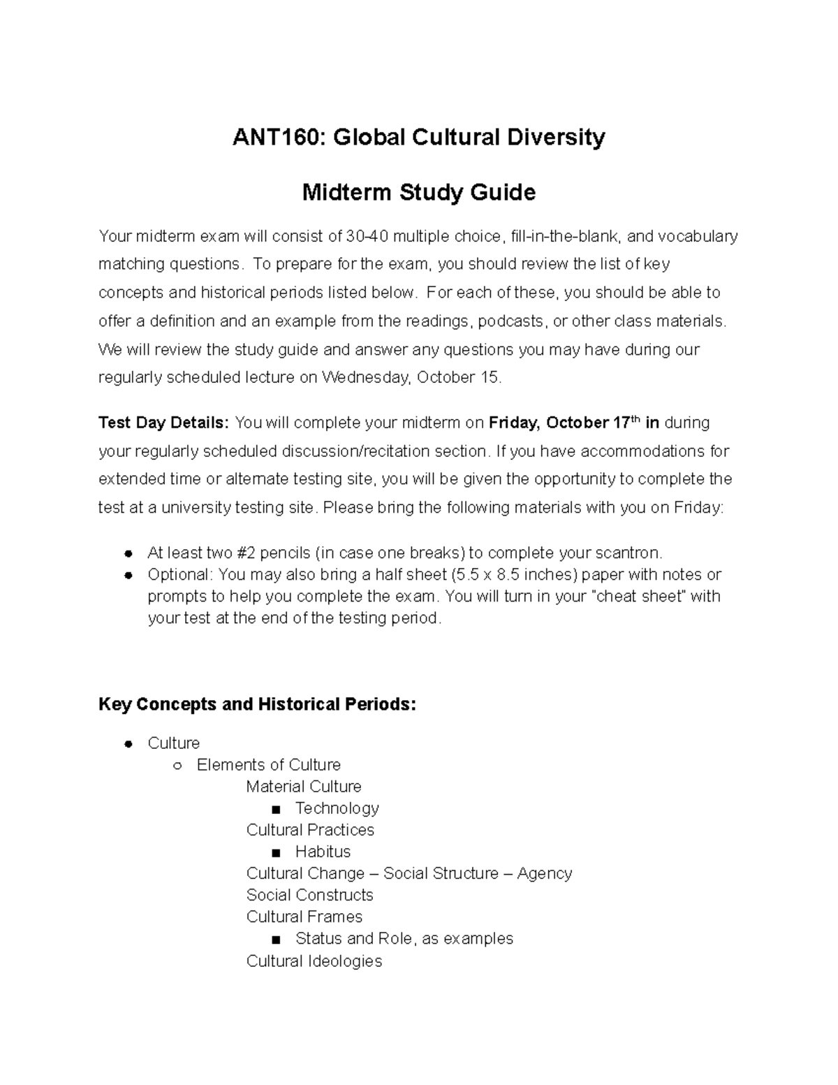 ANT160: Global Cultural Diversity Midterm Exam Study Guide - Studocu