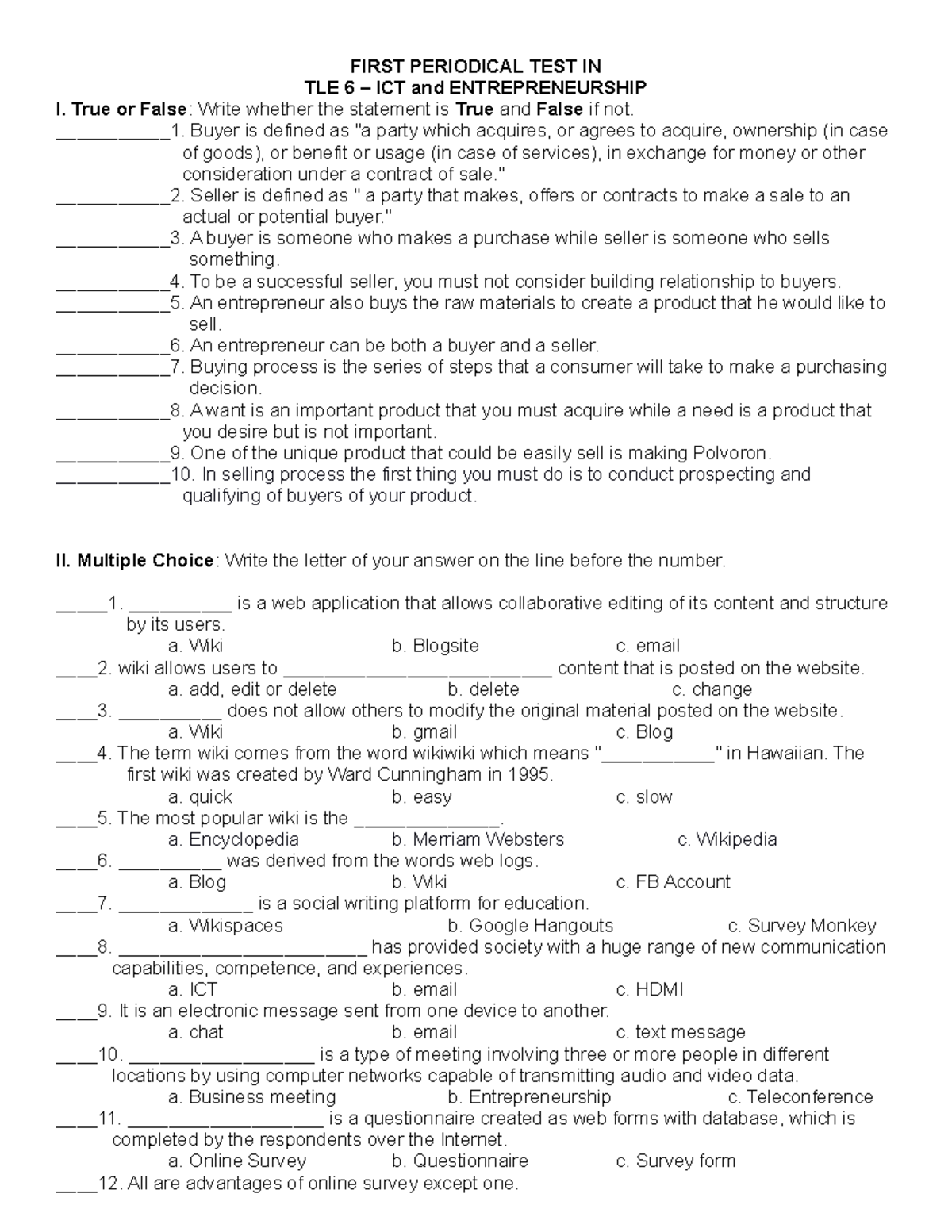 TLE-ICT 6 Q1 First Periodical Test and Answer Key - Studocu