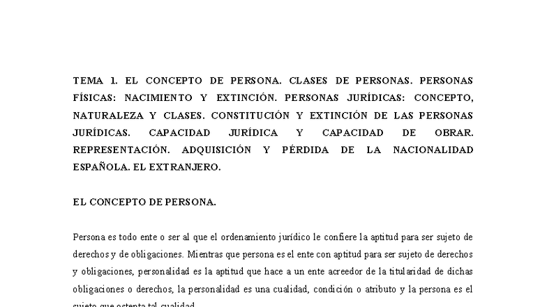 TEMA 1: CONCEPTO Y CLASES DE PERSONAS EN DERECHO CIVIL - Studocu