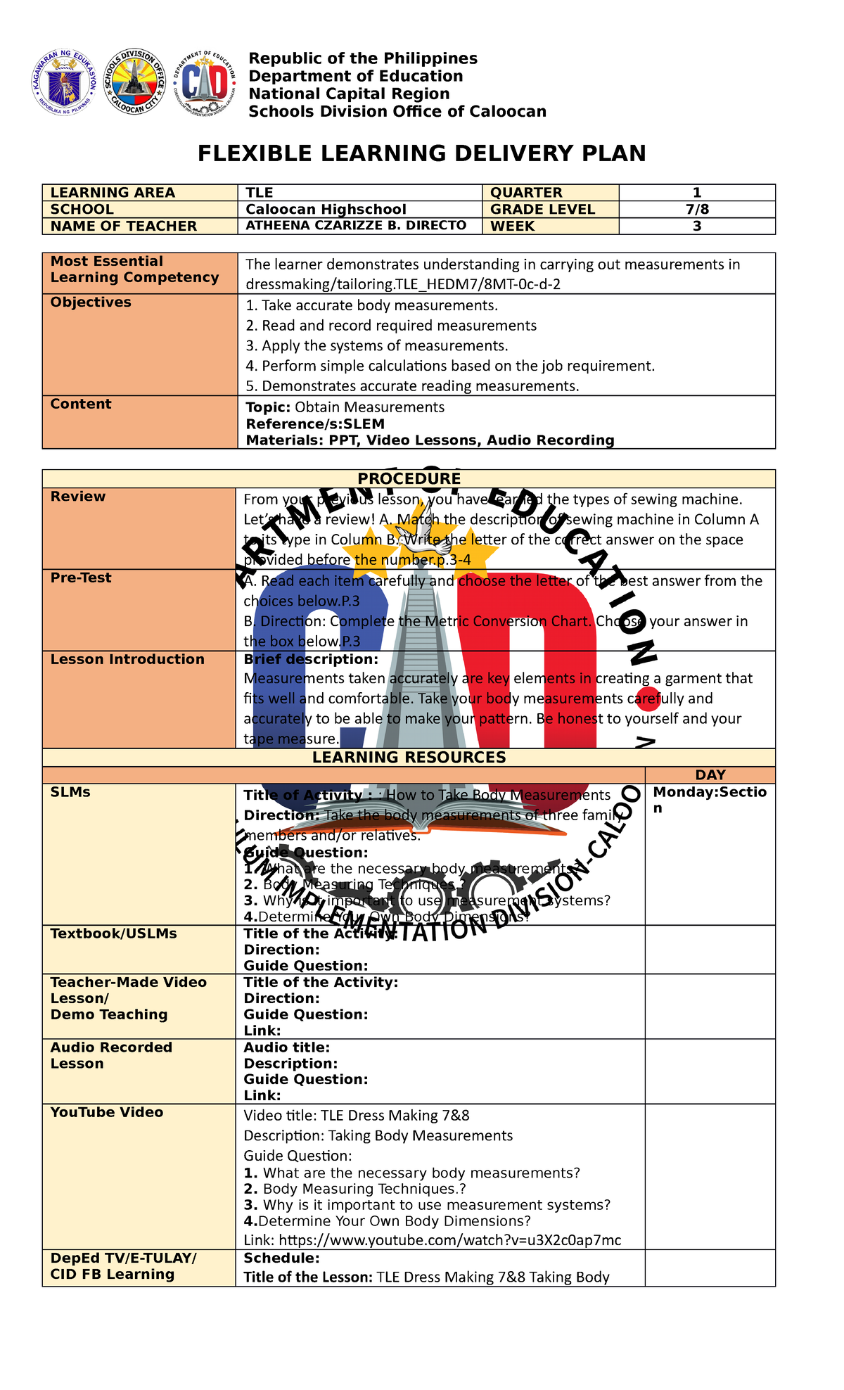 LESSON PLAN IN TLE SUBJECT - Republic of the Philippines Department of ...