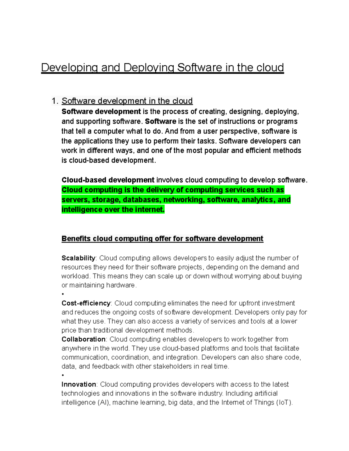 Cloud Computing: Developing & Deploying Software in the Cloud - Studocu