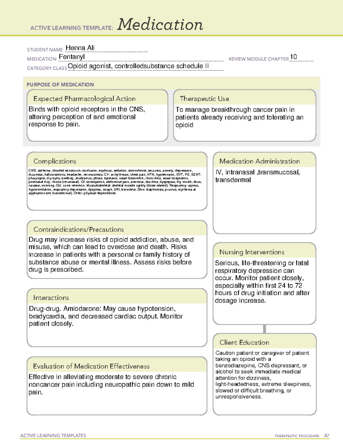 Ch 10 med card fentanyl - med card - ACTIVE LEARNING TEMPLATES ...