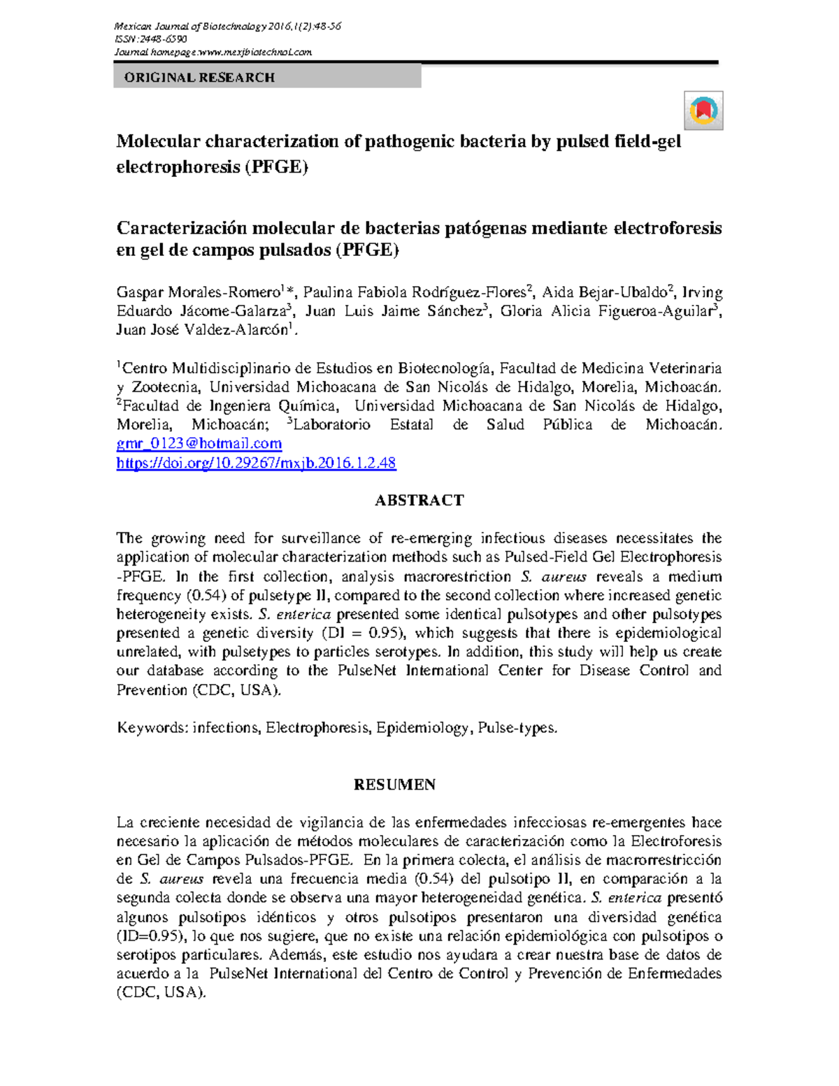 Molecular Characterization of Pathogenic Bacteria via PFGE (Mxjb.2016.1 ...
