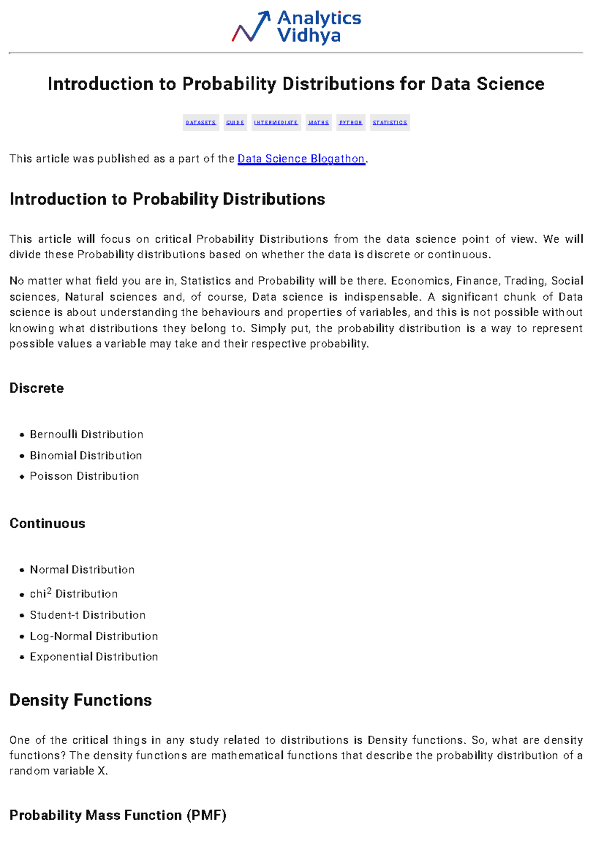 Introduction to probability distributions for data science ...