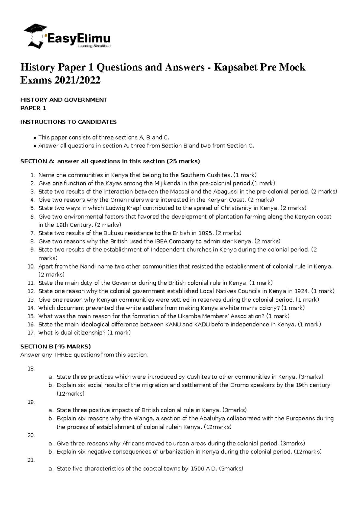 Hs History Paper 1 Questions and Answers - Kapsabet Pre Mock Exams 2021 ...
