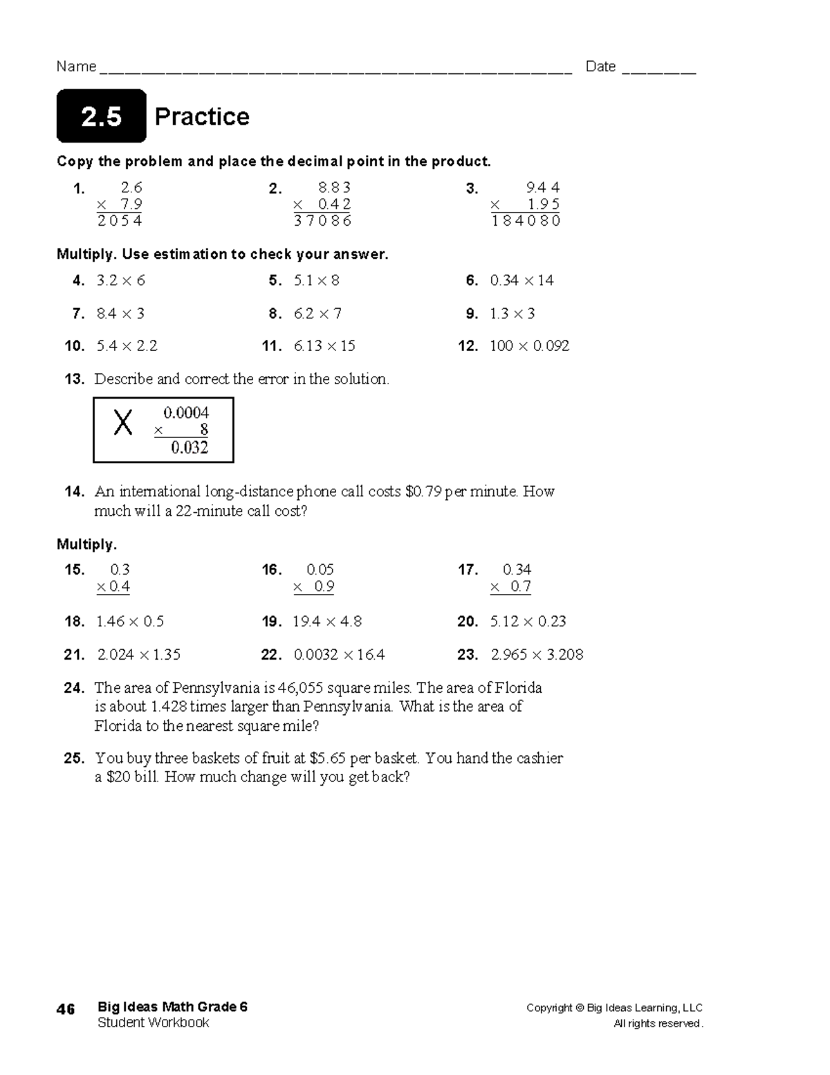 Alexis Xiong - 2.5 Worksheet - Big Ideas Math Grade 6 Copyright © Big ...