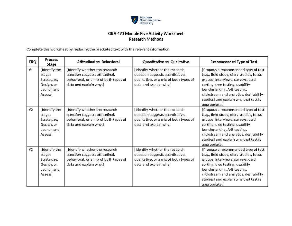 GRA 470 Module 5 Activity Worksheet on Research Methods and Testing ...