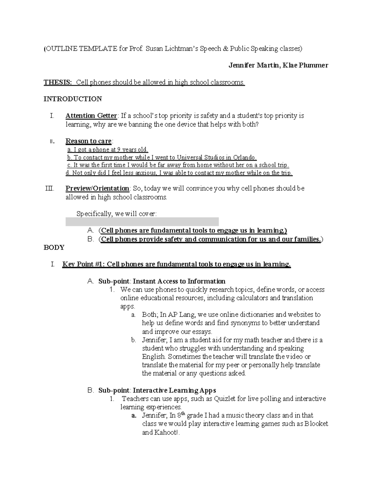Persuasive Speech Outline: Allowing Cell Phones in High School ...