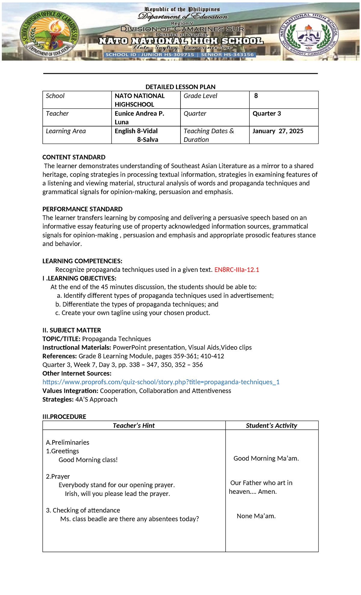 English 8 - Detailed Lesson Plan on Propaganda Techniques (Q3) - Studocu