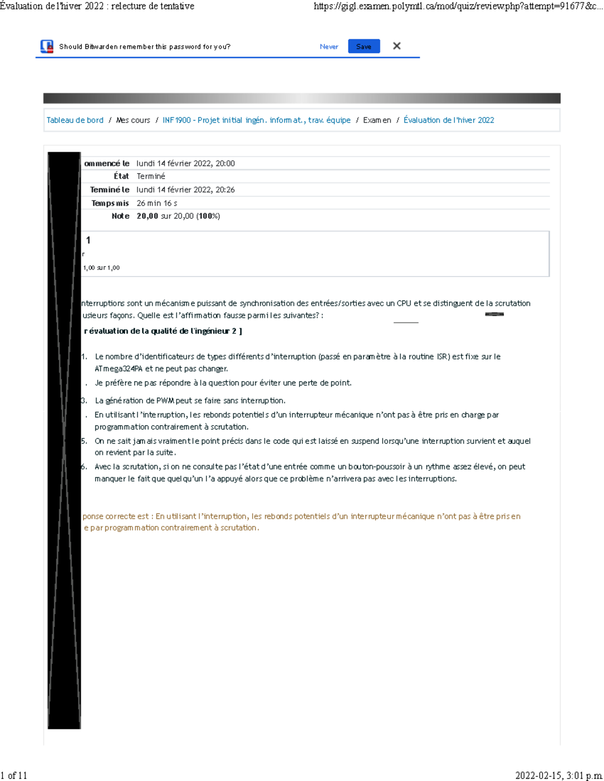 Évaluation INF1900 : Relecture de Tentatives d'Examen 2022 - Studocu