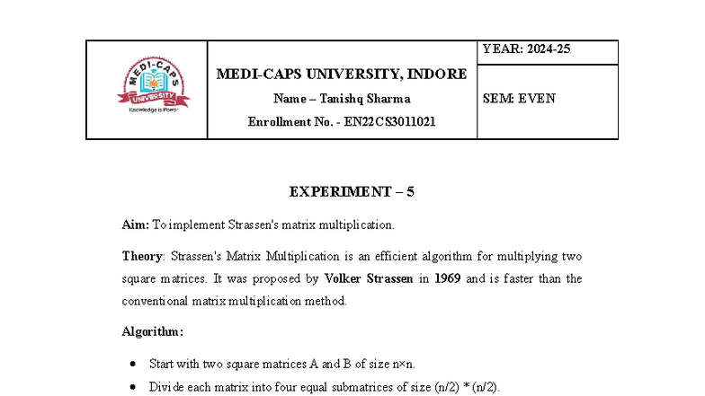 Lab File: CS3011021 - Matrix Multiplication, Knapsack & Huffman Coding ...