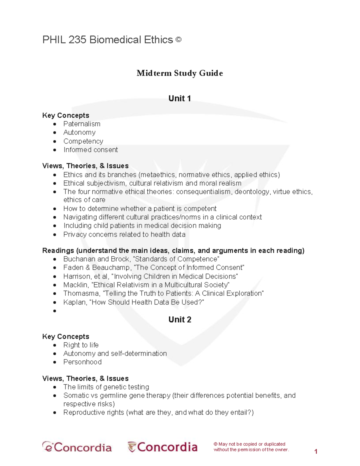PHIL 235 Biomedical Ethics Midterm Study Guide: Key Concepts & Issues - Studocu