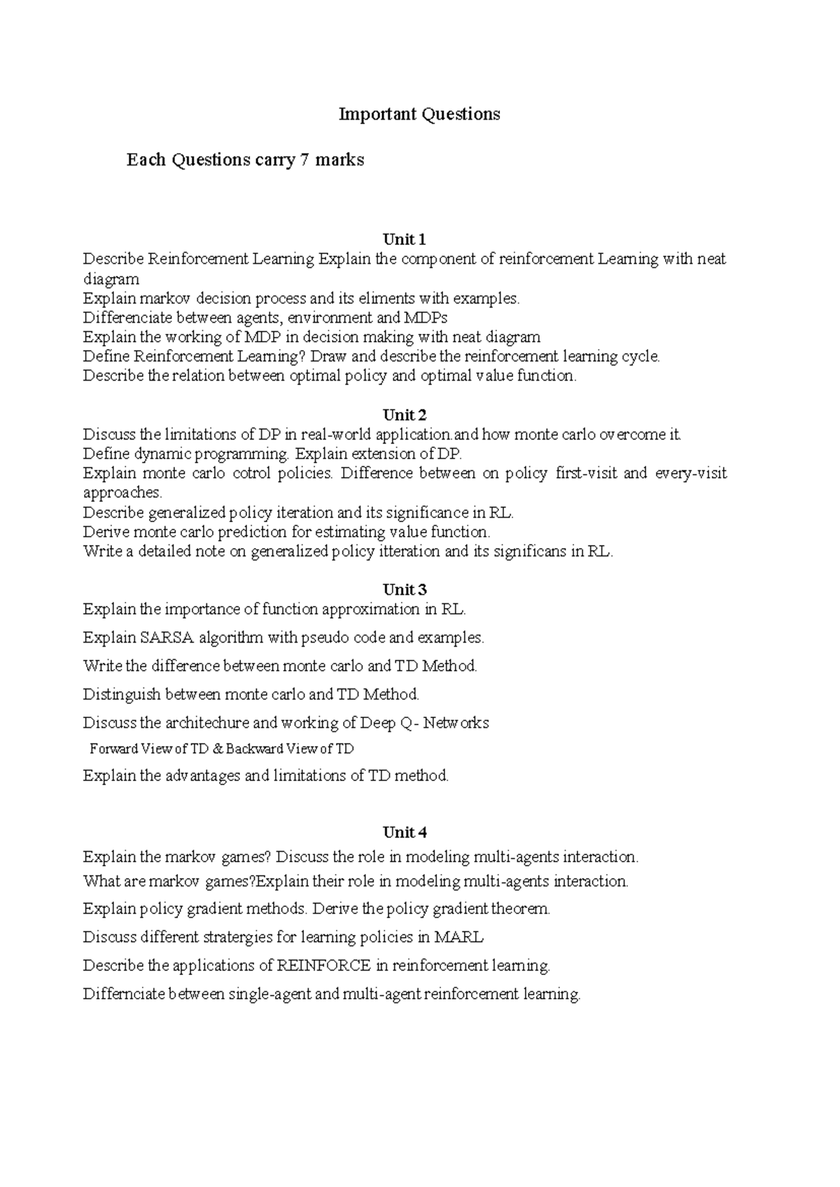 Important Questions on Reinforcement Learning (RL) - Unit 1 to 4 - Studocu