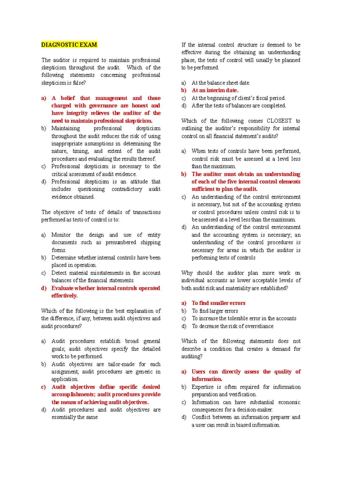 Diagnostic Exam - Operations Audit: Professional Skepticism & Internal ...