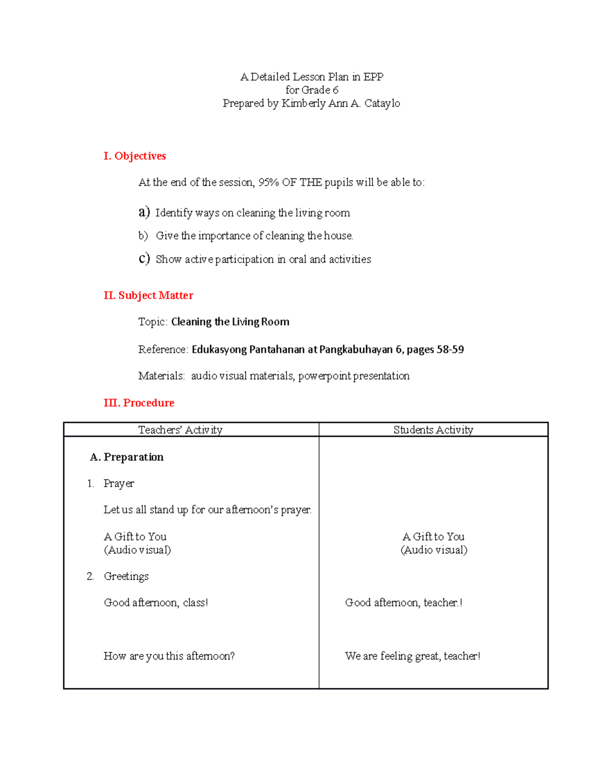 EPP6 Detailed Lesson Plan: Cleaning the Living Room Strategies - Studocu