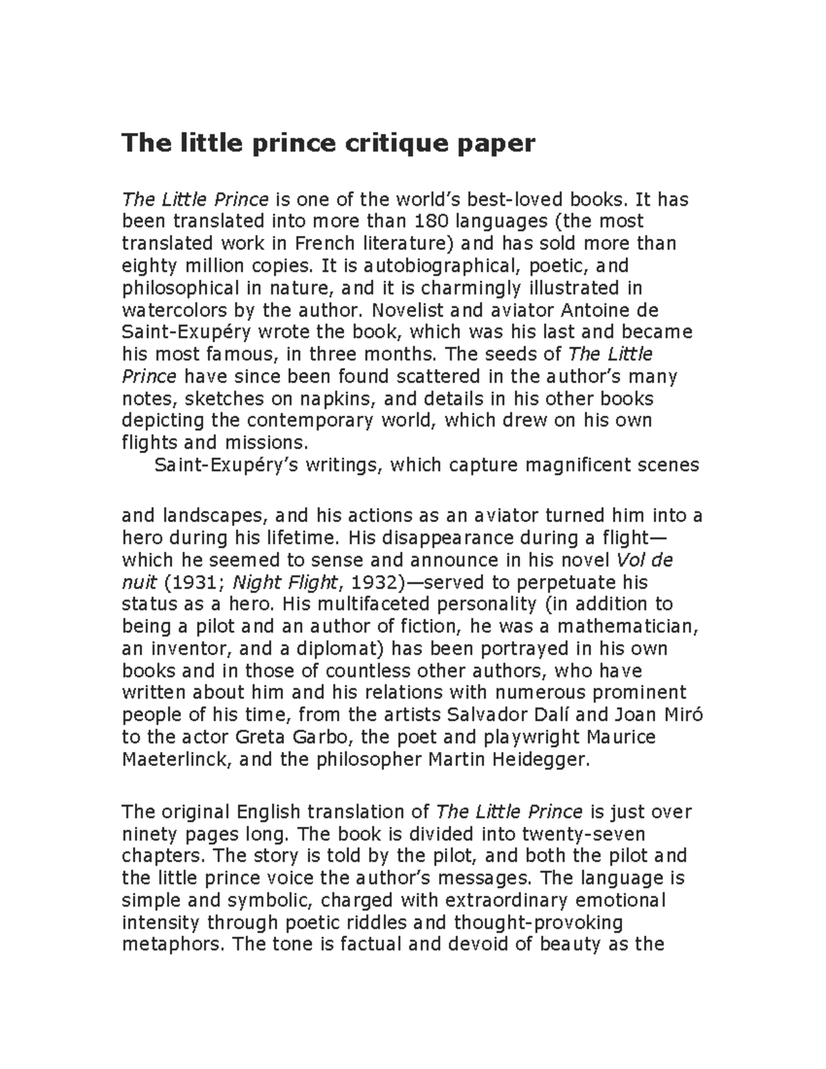 The Little Prince Critique: Insights and Symbolism Analysis - Studocu